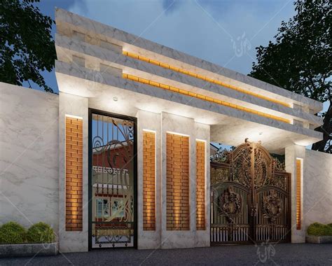 نمای ورودی باغ ویلا با ترکیب آجر و سنگ آجر ترنج