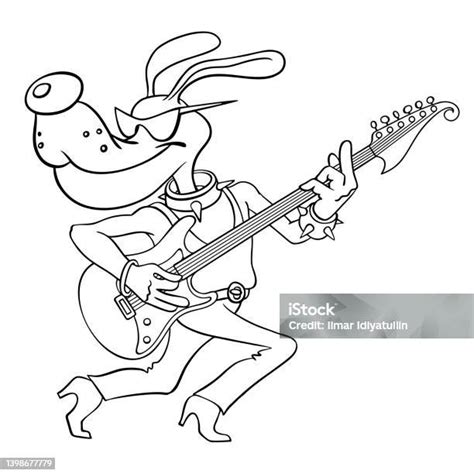 만화 개는 일렉트릭 기타에서 록 음악을 연주합니다 재미있는 만화 개 음악가 기타리스트 강아지의 벡터 윤곽선 이미지 흰색에 고립 된 그림 개에 대한 스톡 벡터 아트 및 기타