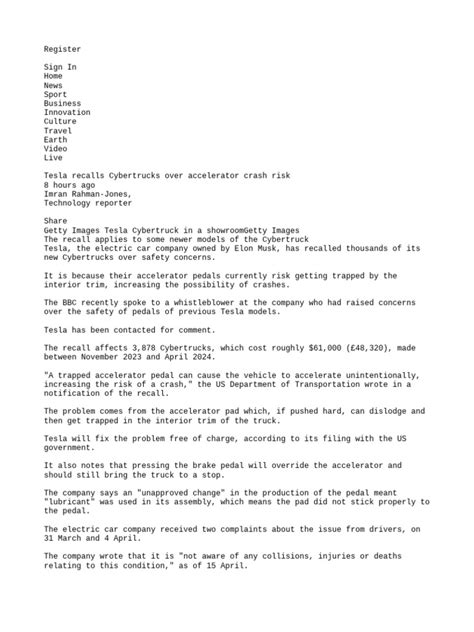 Tesla Recalls Cybertrucks Over Accelerator Crash Risk Pdf Elon Musk