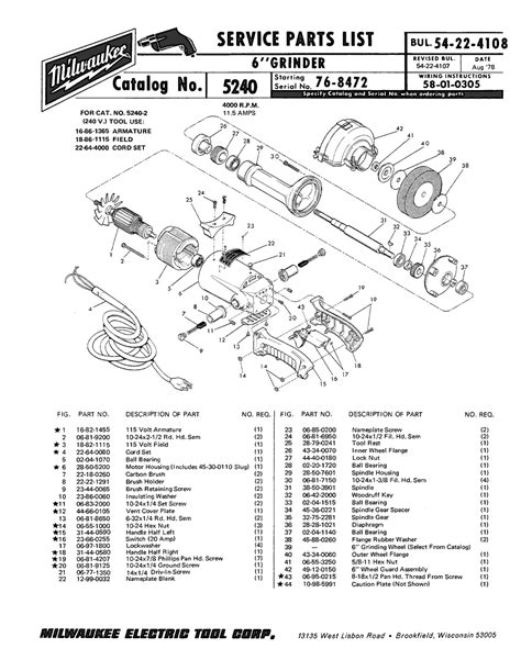 Milwaukee 5240 76 8472 Parts 6 Grinder Milwaukee Grinder Parts