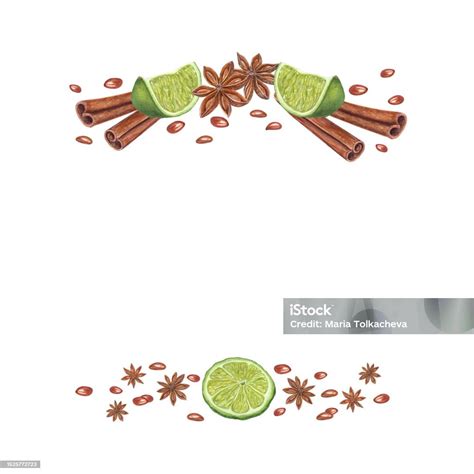 계피 스틱의 수채화 프레임 스타 아니스 흰색으로 분리된 잘 익은 석회 조각 크리스마스 새해 그림은 인사말 카드 패키지를 위한 향신료와 함께 감귤류입니다 텍스트를 위한 공간을