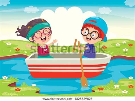 보트에 탄 귀여운 어린 아이들 스톡 벡터로열티 프리 1825859825