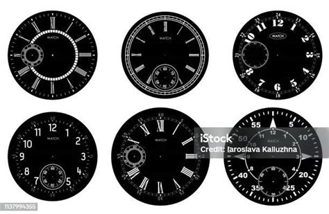 시계 얼굴 빈 흰색 배경에 고립 된 설정 합니다 벡터 시계 디자인입니다 빈티지 로마 숫자 시계 그림입니다 검정색 원의 흰색 숫자 원형 눈금 0명에 대한 스톡 벡터 아트 및