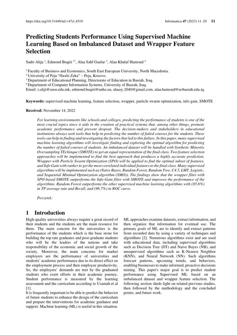 Pdf Predicting Students Performance Using Supervised Machine Learning