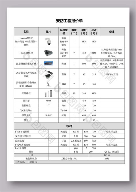 安防监控系统报价单都市欧情下载 包图网