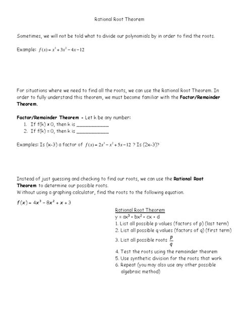 Worksheet Rational Root Theorem Pdf