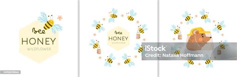 귀여운 꿀벌과 양봉 모자를 쓴 곰 머리가 그려진 이미지 모음 꿀 제품 로고 텍스트 곤충에 대한 스톡 벡터 아트 및 기타 이미지 곤충 곤충 떼 곰 Istock