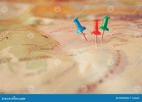 Pins Attached To Map Showing Location Or Travel Destination Stock Photo Image Of Explore