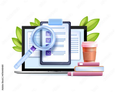 3d Checklist On Clipboard Vector Online Document Paper Digital Exam Test Laptop Screen Book