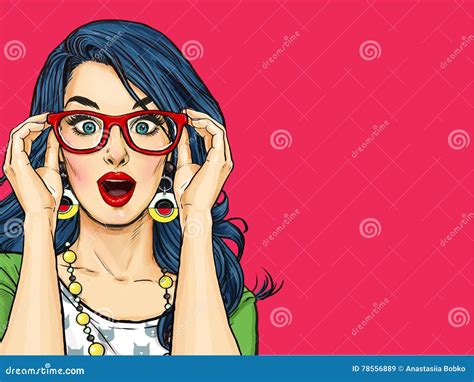 Удивленная молодая сексуальная женщина с открытым ртом в стеклах Шуточная женщина Иллюстрация
