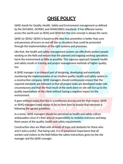 Qhse Policy Pdf Safety Occupational Safety And Health