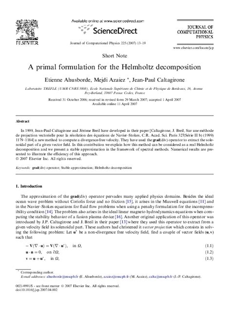 Pdf A Primal Formulation For The Helmholtz Decomposition