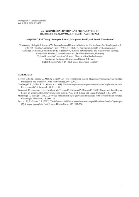 Pdf In Vitro Regeneration And Propagation Of Hydrangea Macrophylla Thunb Nachtigall