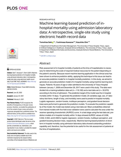 Pdf Machine Learning Based Prediction Of In Hospital Mortality Using Admission Laboratory Data