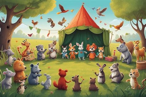 Premium Photo Puppet Show Fun Whimsical Cartoon Scene In Grass Field