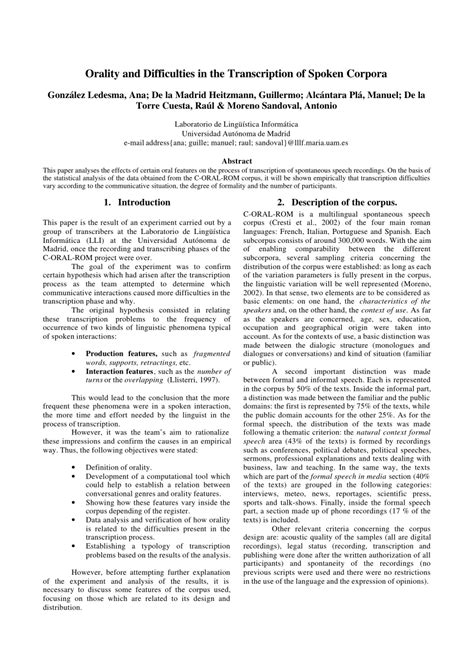 Pdf Orality And Difficulties In The Transcription Of Spoken Corpora