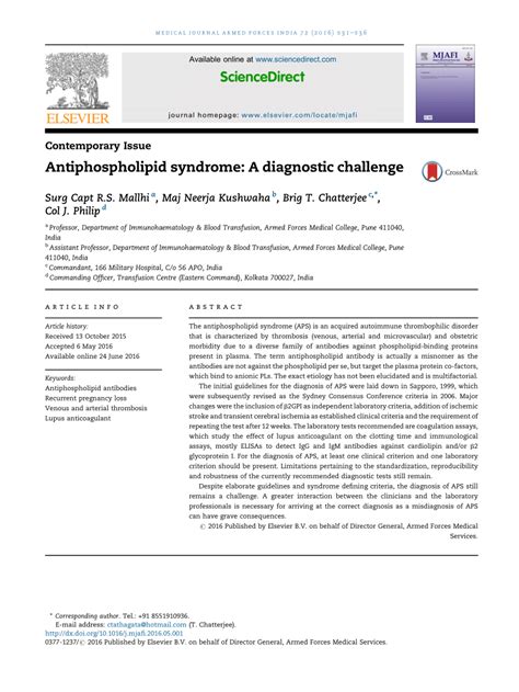 Pdf Antiphospholipid Syndrome A Diagnostic Challenge