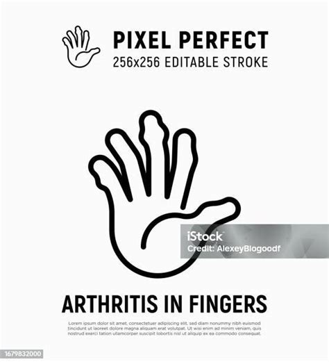 손가락에 관절염 얇은 선 아이콘입니다 관절의 염증 관절염 픽셀 완벽 편집 가능한 스트로크 벡터 그림입니다 건강관리와 의술에 대한