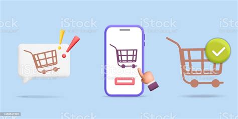 온라인 쇼핑을 위한 상점 카트 또는 전자 상거래 바구니 트롤리 아이콘 디자인의 3d 벡터 세트 인터넷 웹 모바일 앱 스토어 요소 디자인 주문 3차원 형태에 대한 스톡 벡터