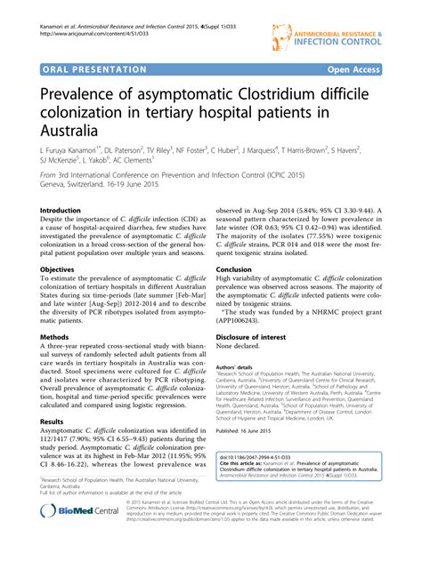 Pdf Prevalence Of Asymptomatic Clostridium Difficile Colonization In Tertiary Hospital