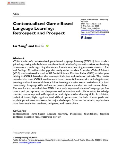 Yang Li 2023 Contextualized Game Based Language Learning Retrospect And Prospect Pdf
