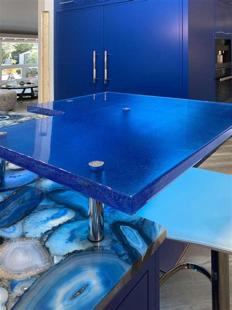 Custom Blue Floating Glass Kitchen Island Top Experience Glass