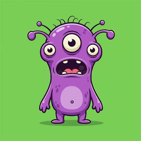Cartoonish Purple Alien With Three Eyes And Antennae Standing Against