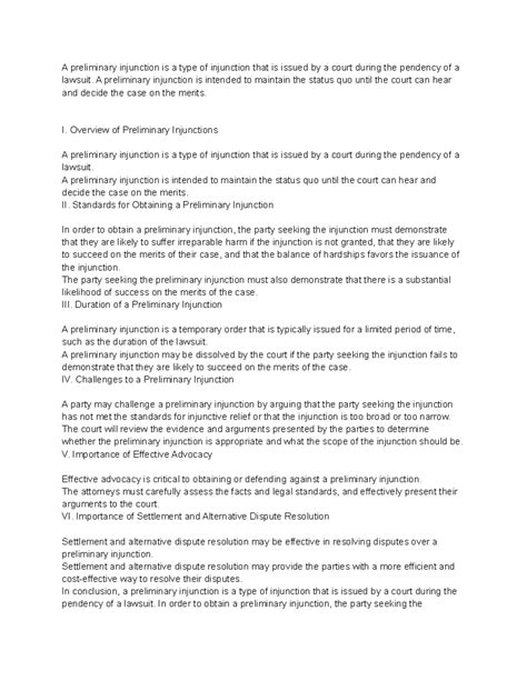 Preliminary Injunctions A Preliminary Injunction Is A Type Of Injunction That Is Issued By A