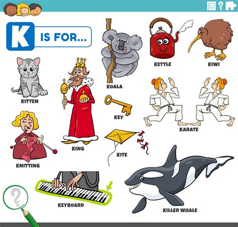 Letter K Words Educational Set With Cartoon Characters 7456184 Vector