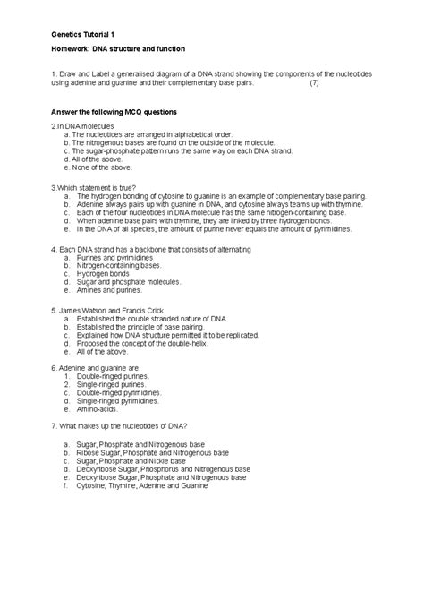 Tutorial 1 Genetics Tut 2019 Genetics Tutorial 1 Homework Dna Structure And Function Draw And