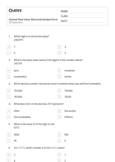 50 Decimal Place Value Worksheets On Quizizz Free And Printable