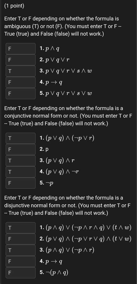 Solved Enter T Or F Depending On Whether The Formula Is Chegg Com