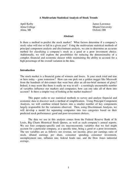 Project A Multivariate Statistical Analysis Of Stock Trends The F113