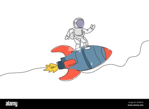 One Single Line Drawing Of Astronaut In Spacesuit Flying And Discovering Deep Space While