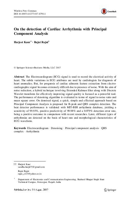 Pdf On The Detection Of Cardiac Arrhythmia With Principal Component Analysis