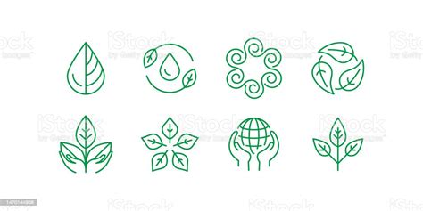 벡터 간단한 선 아이콘 및 일러스트레이션 생태 바이오 및 유기농 포장 배지 생태 환경 친화적이고 지속 가능한 개발 신선한 천연 성분 화장품 및 제품 0에 대한 스톡 벡터