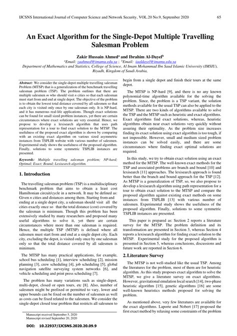 Pdf An Exact Algorithm For The Single Depot Multiple Travelling Salesman Problem