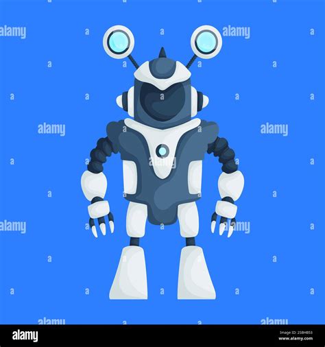 Cartoon Illustration Of A Futuristic Robot With Blue And White Design Claw Like Hands And