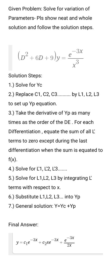 Solved Given Problem Solve For Variation Of Parameters Pls Chegg