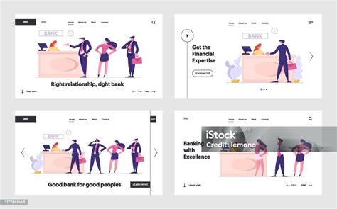 은행 대기 약속 웹 사이트 방문 페이지 세트의 고객 클라이언트가 큐에 서 있습니다 고객 웹 페이지 배너에 서비스를 제공하는 책상에 앉아 은행 노동자 만화 플랫 벡터 일러스트