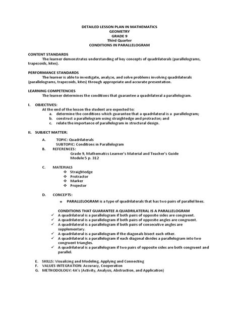 Grade 9 Lp Conditions In Parallelogram Pdf Euclidean Geometry Geometry