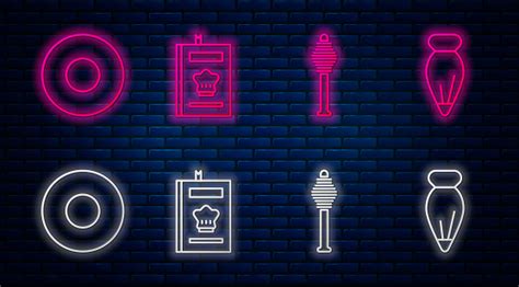 세트 라인 요리 책 허니 디퍼 스틱 케이크를 장식하기위한 접시와 패스트리 가방 벽돌 벽에 빛나는 네온 아이콘입니다 벡터 가방에