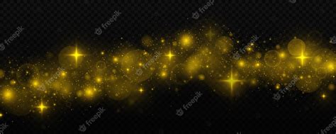 황금 불꽃과 별은 특별한 조명 효과를 반짝입니다 빛나는 마법의 먼지 입자 프리미엄 벡터