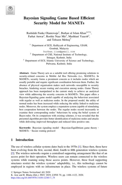 Pdf Bayesian Signaling Game Based Efficient Security Model For Manets