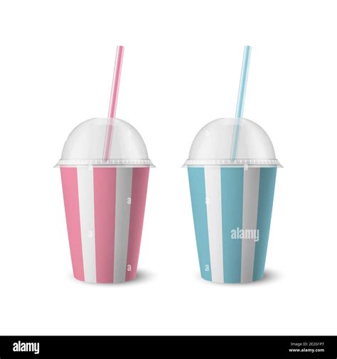 Vector 3d Realistic Striped White Paper Disposable Cup Set With Lid Straw For Beverage Drinks