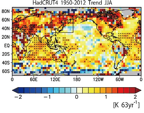 Linear Trend Of Jja Mean Hadcrut4 Surface Air Temperature Sat K In