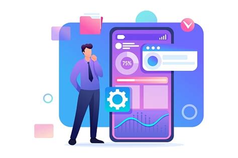 청년은 데이터 수집을 위한 모바일 애플리케이션을 개발하고 있습니다 플랫 2d 문자입니다 웹 디자인에 대한 개념 개발에 대한 스톡 벡터 아트 및 기타 이미지 Istock