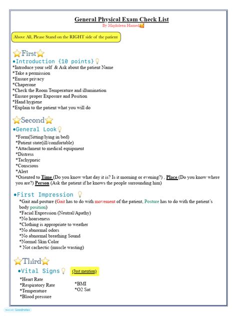 General Physical Exam Checklist Guide Pdf Anatomical Terms Of
