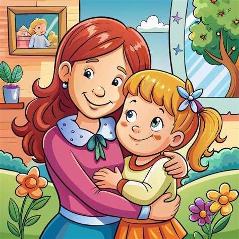 Una Ilustración De Dibujos Animados De Una Madre Abrazando A Su Hija