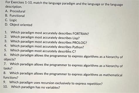 Solved For Exercises 1 10 Match The Language Paradigm And